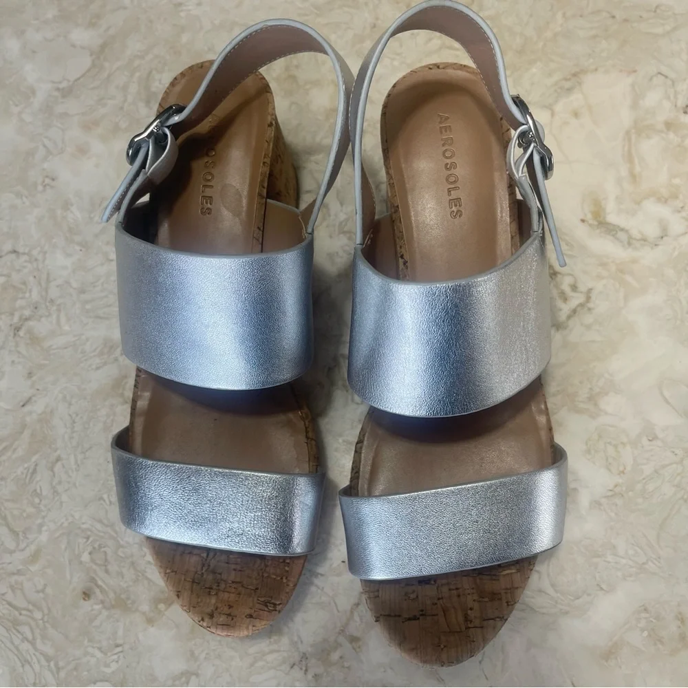 AEROSOLES | Shoes | Aerosoles Metallic Silver Sandals With Cork Block ...